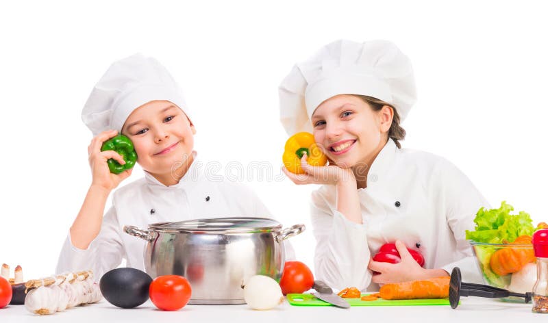 Little Girl and Boy with Pan and Ingredients for Soup Stock Photo ...