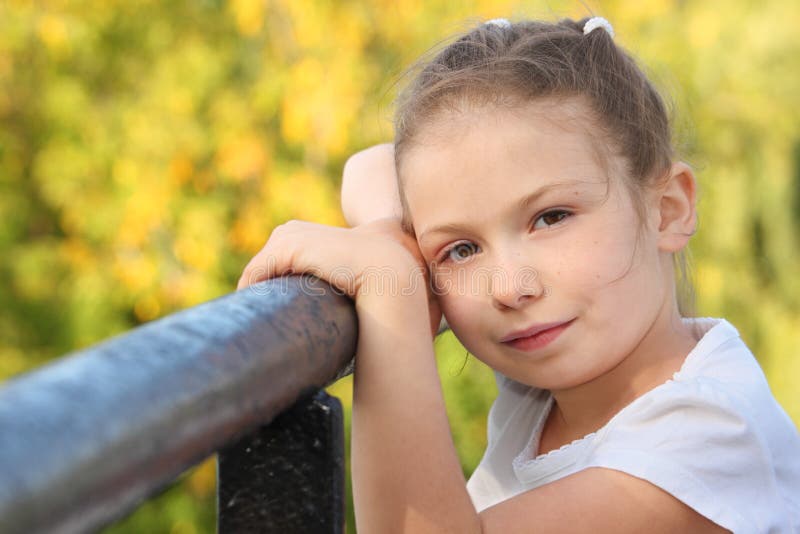 Little Girl on a Bridge in Early Fall Park Stock Image - Image of ...