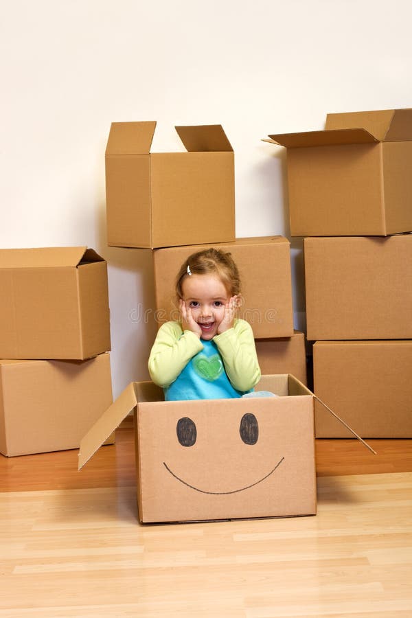 Little Girl in Cardboard Box - Moving Concept Stock Photo - Image of ...