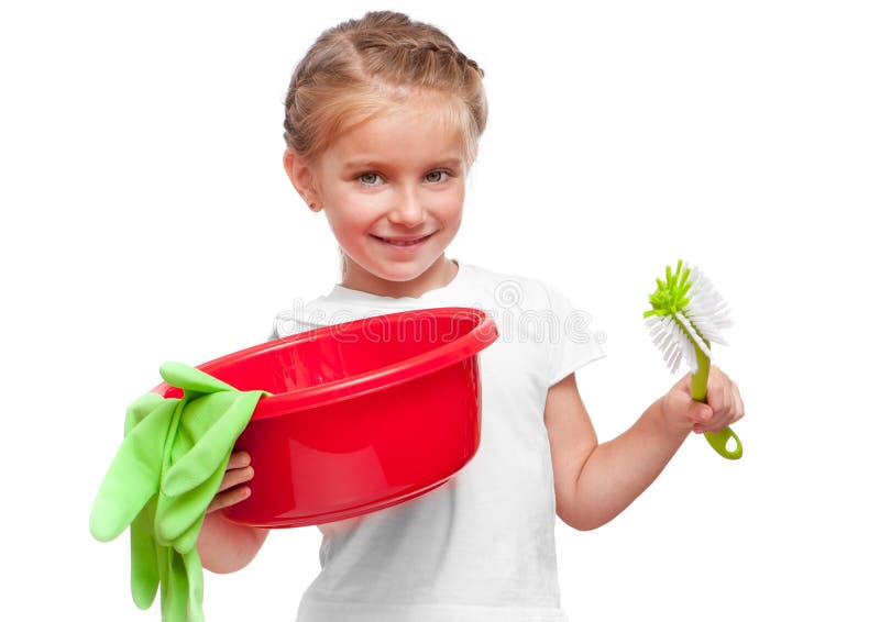 Girl with Set of Cleaning Tools Stock Image - Image of concentrating ...