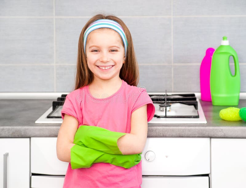 Girl Make Cleaning in the Kitchen Stock Image - Image of cute ...