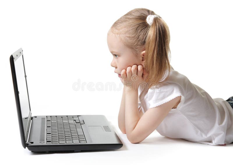 Little Girl with a Computer Stock Image - Image of surprise, learning ...