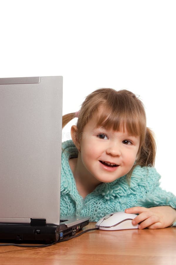 The Little Girl at the Computer Stock Image - Image of attractive ...