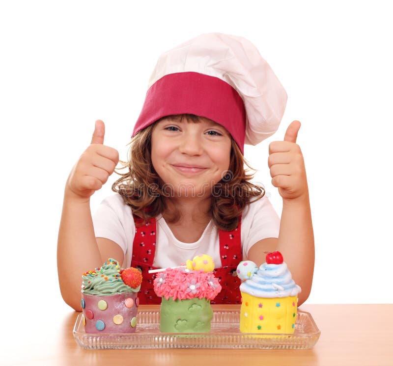 Little Girl Cook with Cupcakes and Thumbs Up Stock Image - Image of ...