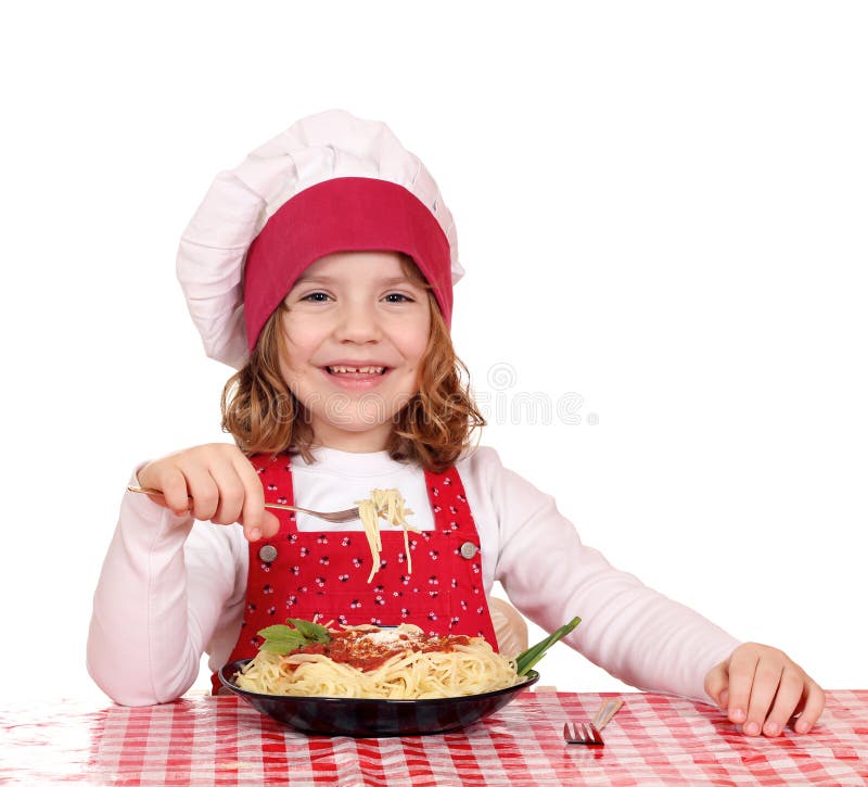 Little Girl Cook Eat Spaghetti Stock Image - Image of happy, caucasian ...