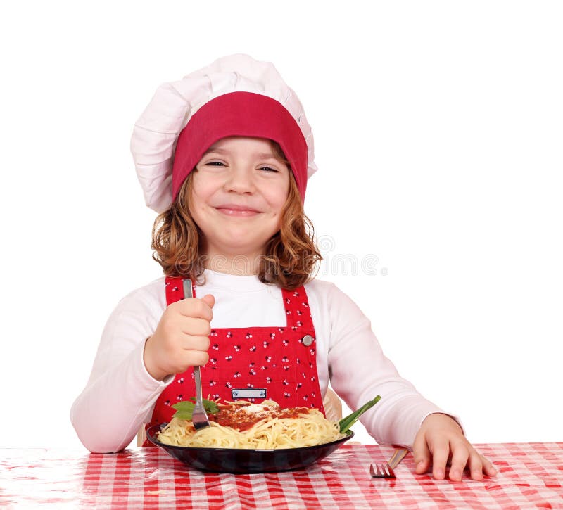 Little Girl Cook Eat Spaghetti Stock Photo - Image of girl, cheerful ...