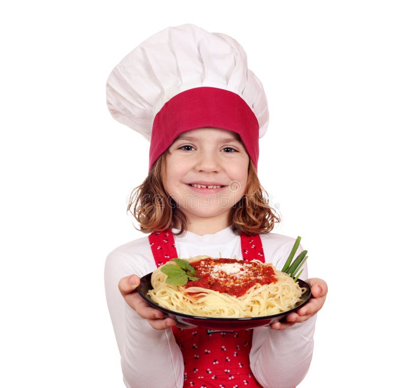 Little Girl Cook Holding Dish with Spaghetti Stock Photo - Image of ...