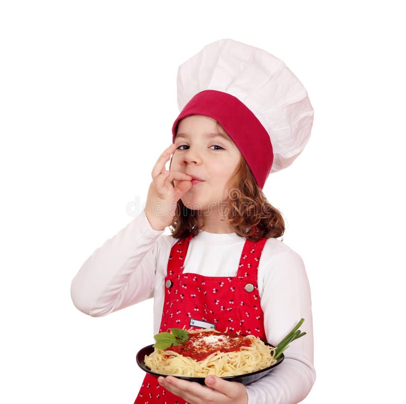 Little Girl Cook Holding Plate of Spaghetti Stock Image - Image of ...