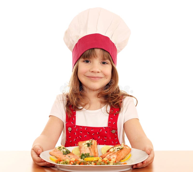 Little Girl Cook with Salmon Seafood Stock Image - Image of beautiful ...