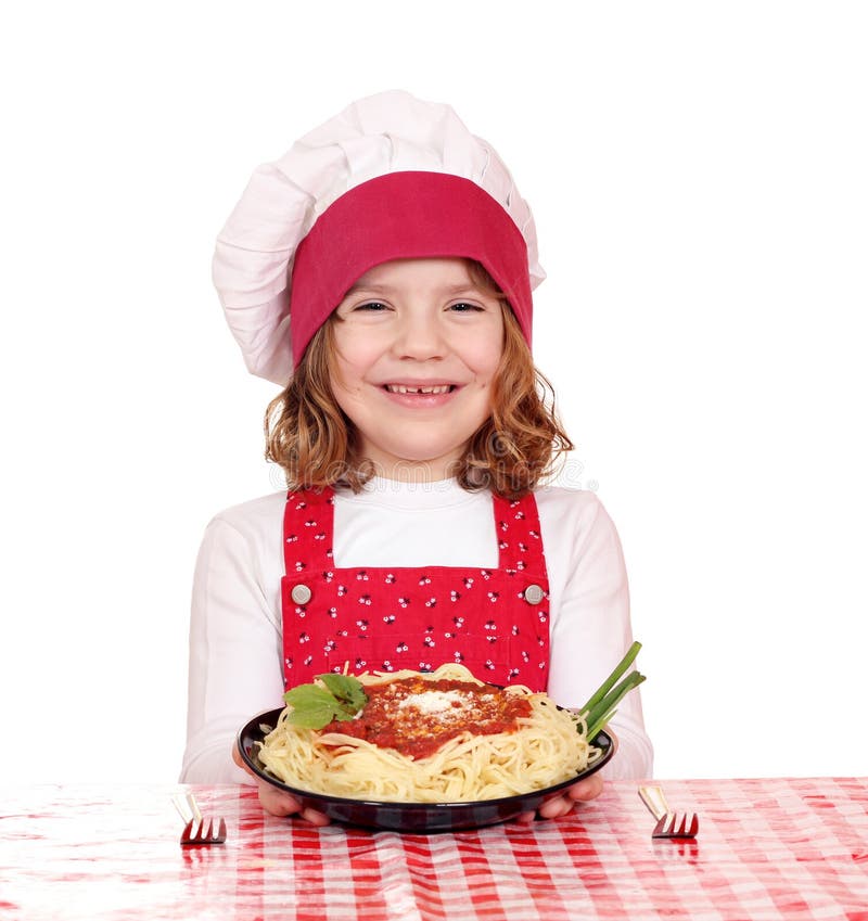 Little Girl Cook with Spaghetti on Table Stock Photo - Image of eating ...