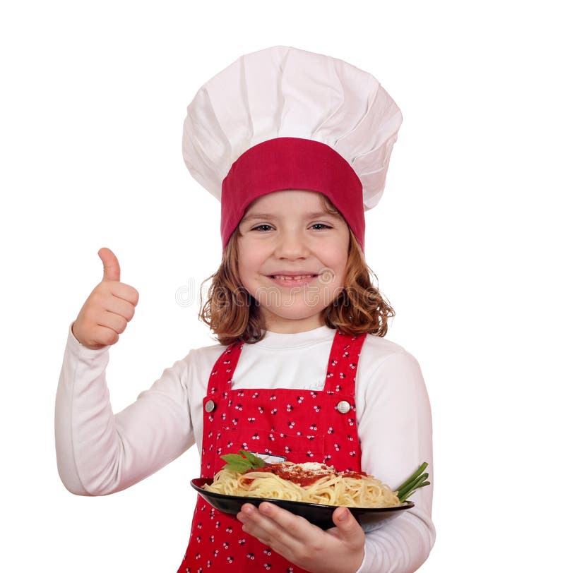 Little Girl Cook with Spaghetti and Thumb Up Stock Photo - Image of ...