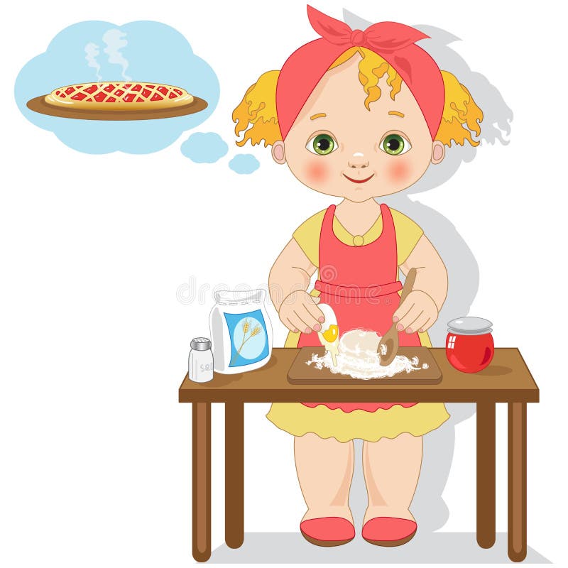 Little Girl Cooking a Cake with Jam Stock Vector - Illustration of ...