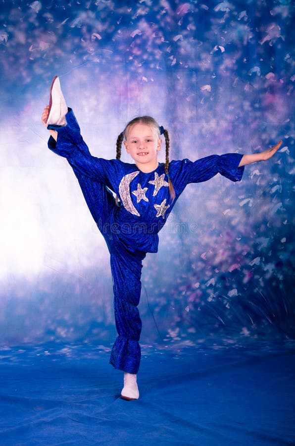 Little Girl Dancing in the Blue Costume Stock Photo - Image of hand ...