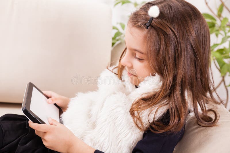 Little Girl with Digital Tablet Stock Image - Image of child, indoors ...
