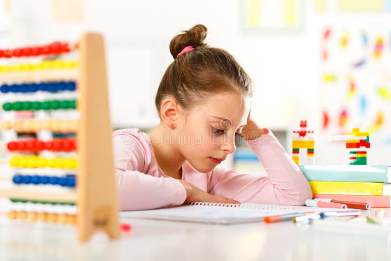 Little Girl is Doing Homework. Stock Image - Image of horizontal ...