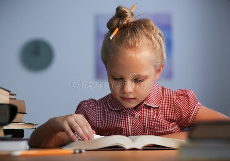 Little Girl Doing Homework at Home in Evening Stock Image - Image of ...