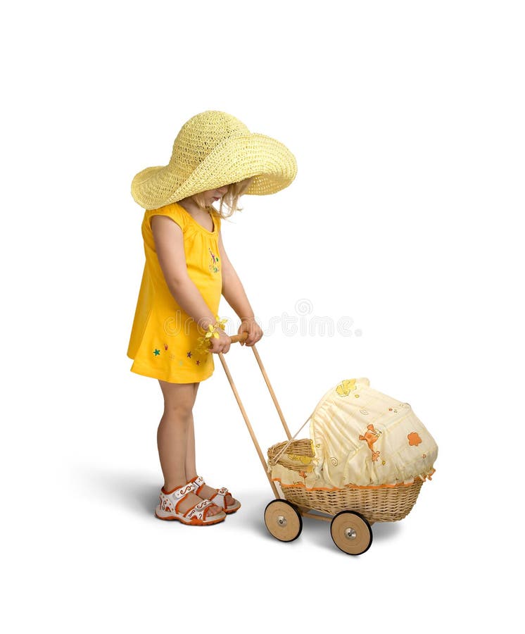 A Little Girl with Doll Carriage Stock Photo - Image of yellow, doll ...