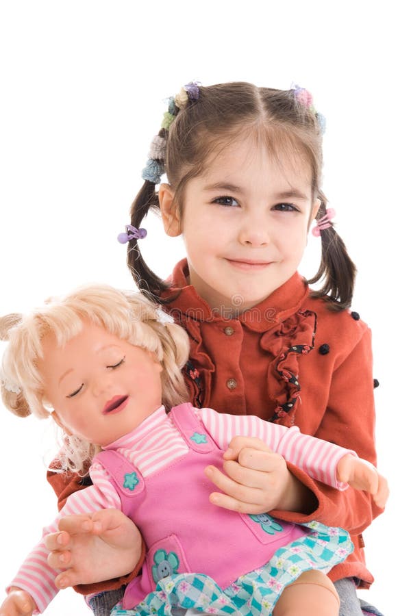 The Little Girl with a Doll Isolated on a White Stock Image - Image of ...