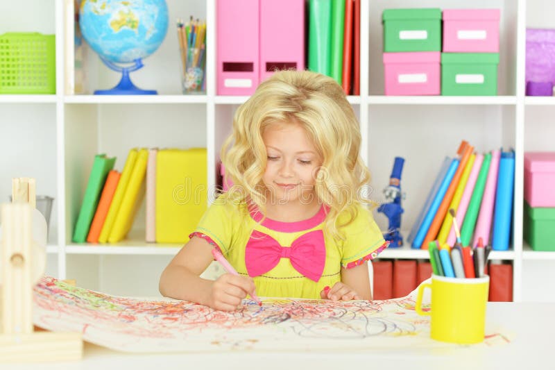 Little Girl Drawing at Class Stock Image - Image of adorable, color ...