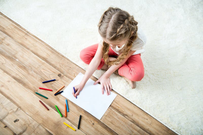 Little Girl Drawing Picture Stock Image - Image of caucasian, girlhood ...