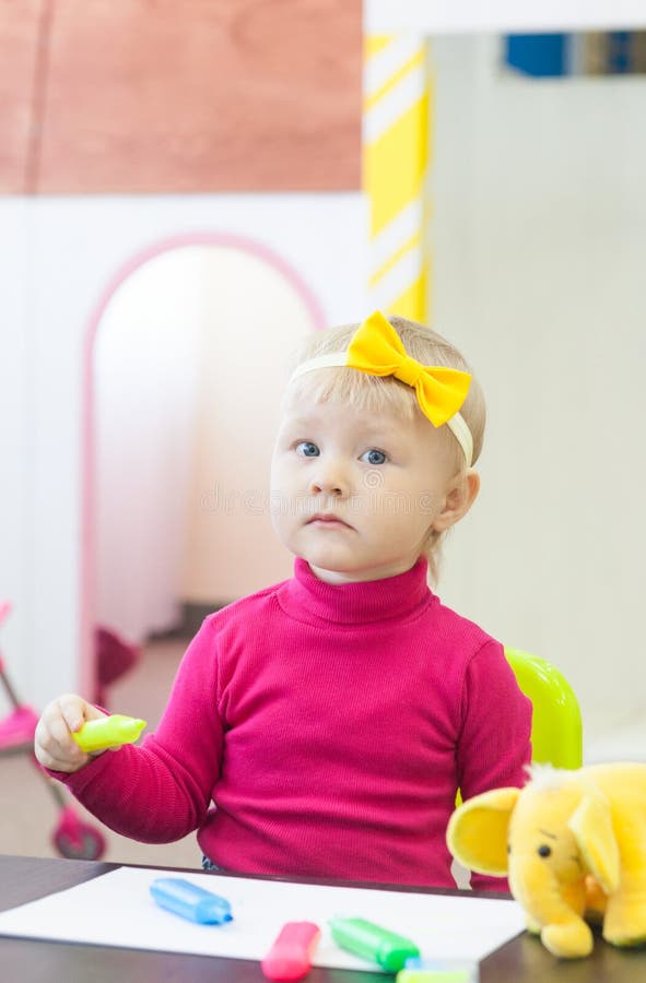 Little Girl Drawing in Playing Room Stock Image - Image of infant ...