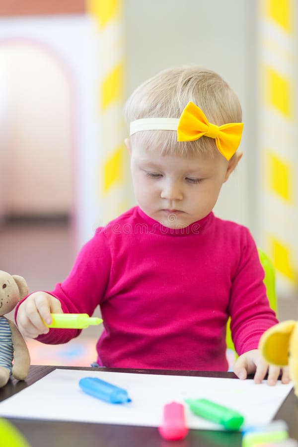 Little Girl Drawing in Playing Room Stock Image - Image of leisure ...