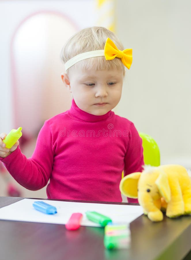Little Girl Drawing in Playing Room Stock Image - Image of infant ...