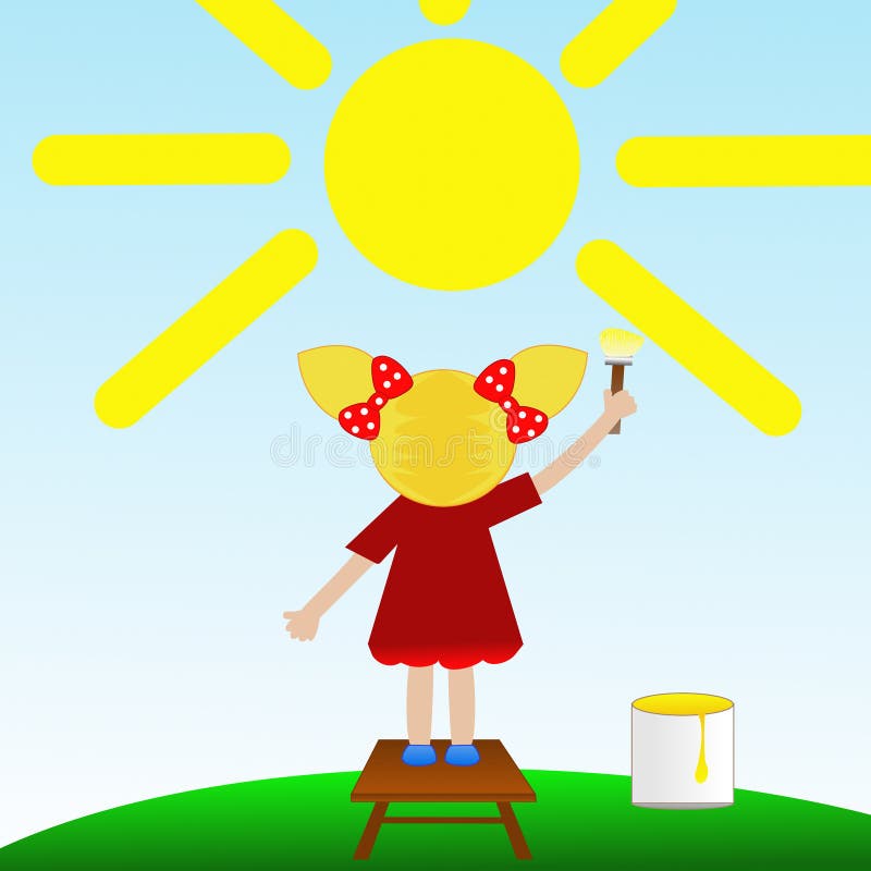 A Little Girl Draws on Blue Sky a Sun Stock Illustration - Illustration ...