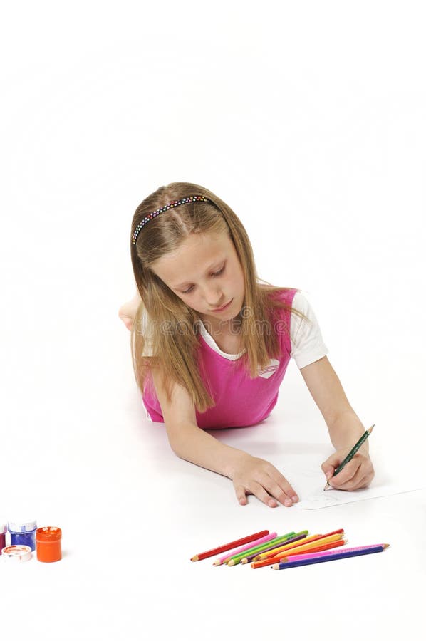 Little Girl Draws Pencil on Paper Stock Photo - Image of brush, girls ...