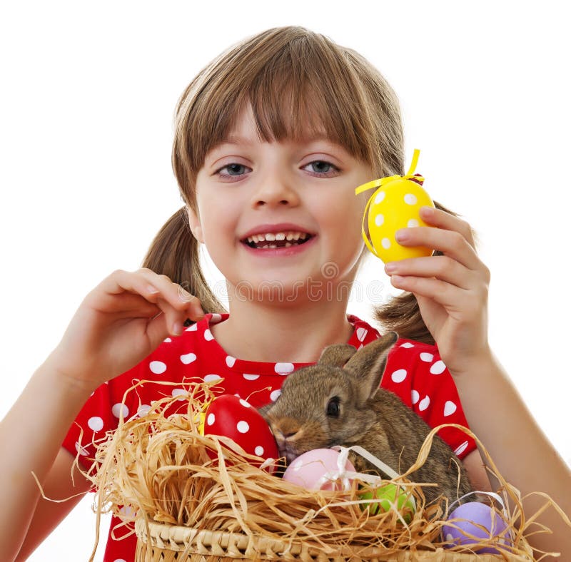 Little Girl with Easter Rabbit and Easter Eggs Isolated on White Stock ...