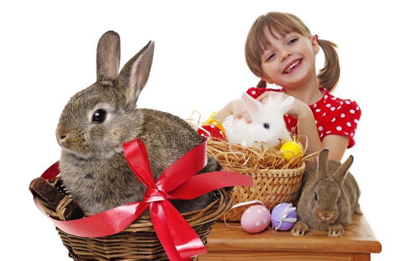 Little Girl with Easter Rabbits Stock Image - Image of caucasian, brown ...