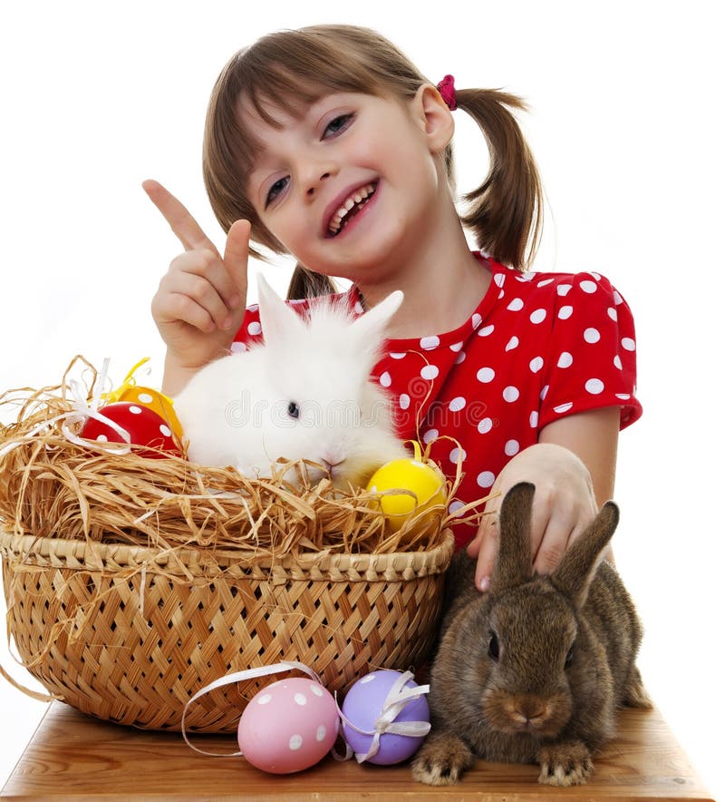 Little Girl with Easter Rabbits and Eggs Stock Image - Image of ...