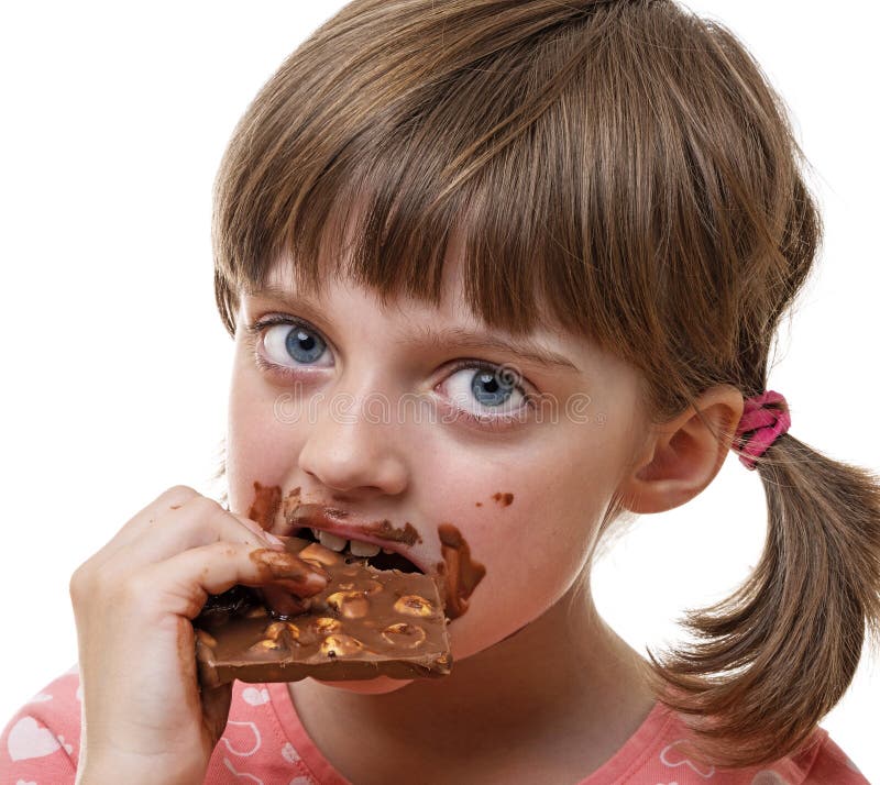 Little Girl Eating Chocolate Stock Photo - Image of brown, calorie ...