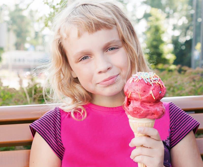 Little Girl Eats Big Ice-cream Stock Photo - Image of positive, food ...