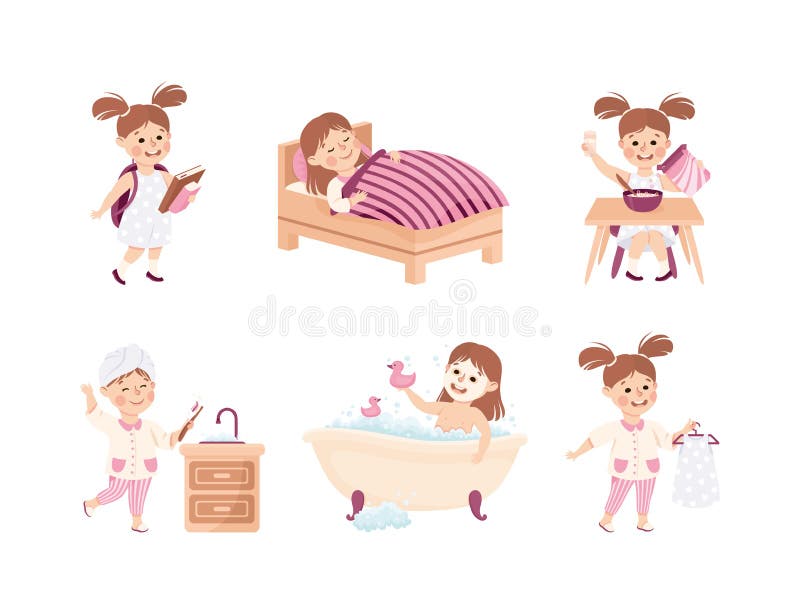 Little Girl Engaged in daily Activity and Everyday Routine Vector Set ...