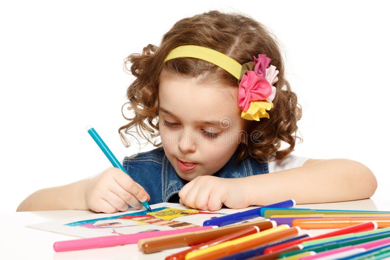 Little Girl with Felt-tip Pen Drawing in Kindergarten Stock Image ...