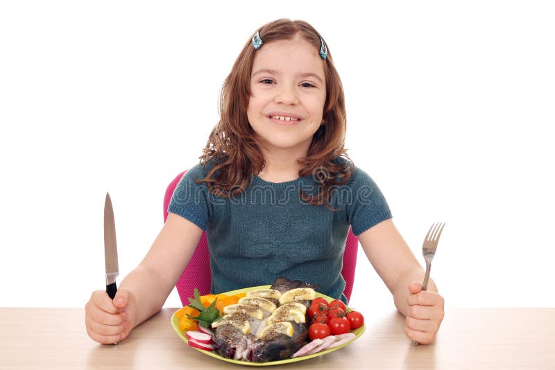 Little Girl with Fish for Lunch Stock Image - Image of fish, green ...
