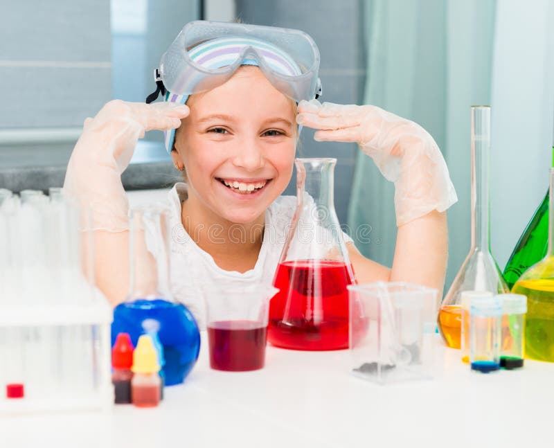 Little Girl with Flasks for Chemistry Stock Photo - Image of people ...