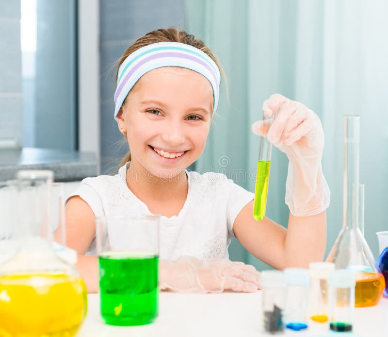Little Girl with Flasks for Chemistry Stock Photo - Image of cute ...