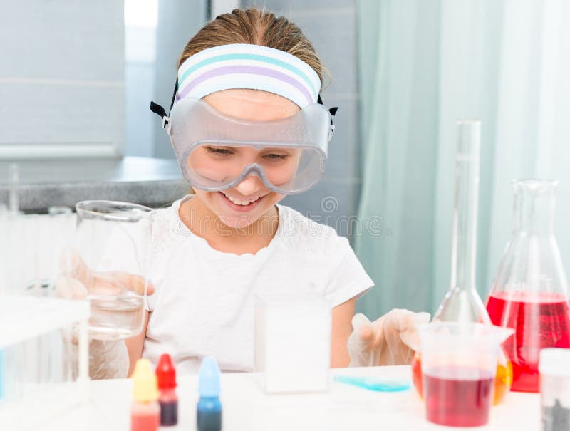 Little Girl with Flasks for Chemistry Stock Image - Image of liquid ...