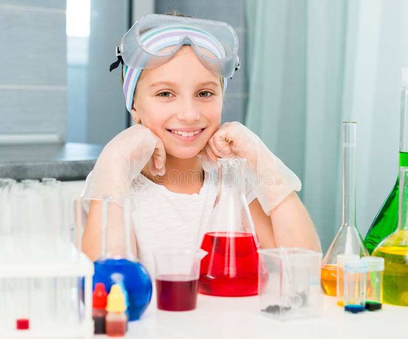 Little Girl with Flasks for Chemistry Stock Image - Image of laboratory ...