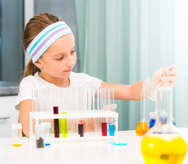 Little Girl with Flasks for Chemistry Stock Photo - Image of person ...