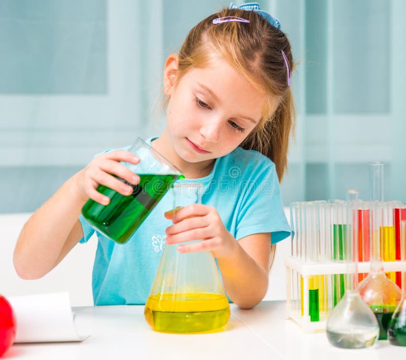 Little girl with flasks stock image. Image of chemistry - 35646349