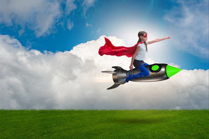 The Little Girl Flying Rocket in Superhero Concept Stock Image - Image ...