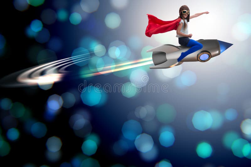 The Little Girl Flying Rocket in Superhero Concept Stock Photo - Image ...