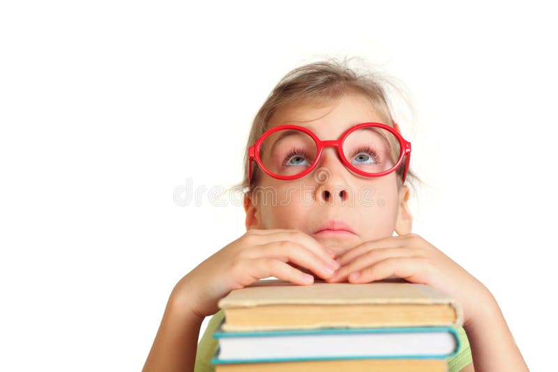 Little Girl in Glasses Pose Face, Look Up Stock Photo - Image of ...
