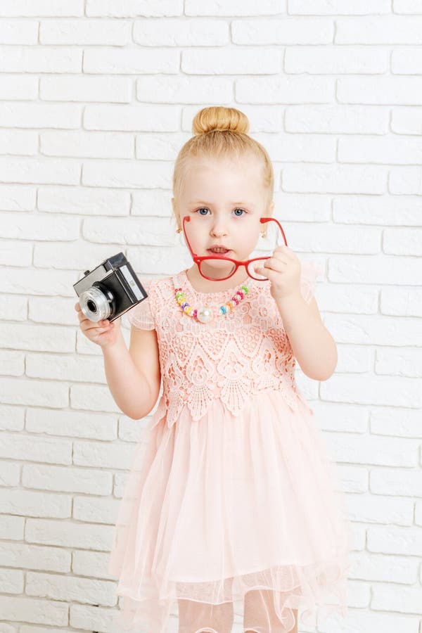 Little Girl in Glasses with Retro Camera Stock Image - Image of camera ...