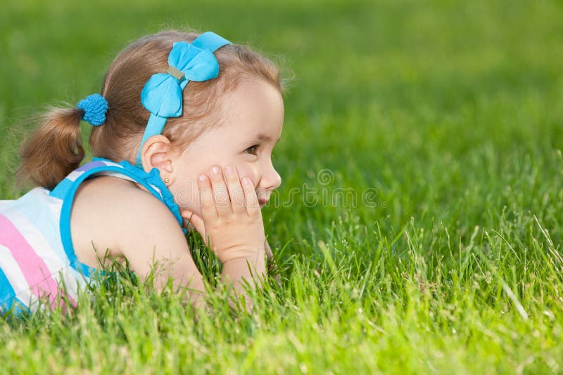 Little Girl on the Green Lawn Stock Photo - Image of leisure, meadow ...