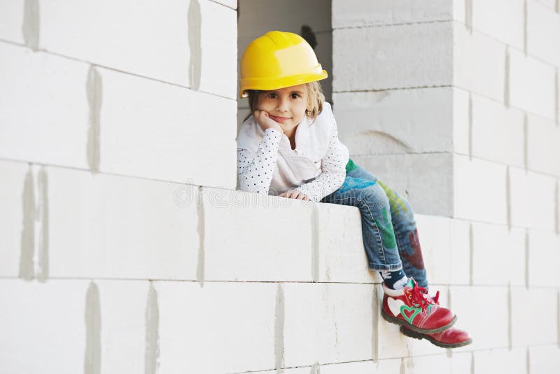 Little Girl with Helmet Working on Construction Stock Image - Image of ...
