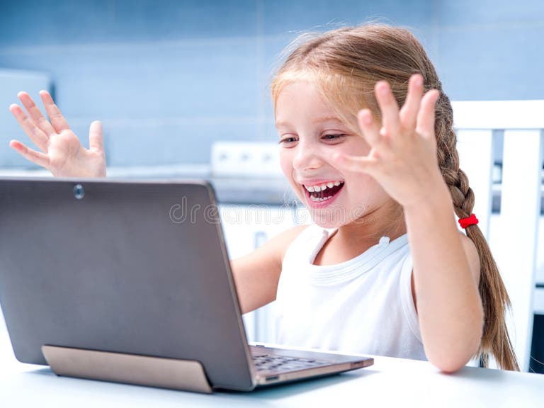 Little Girl with Her Computer Stock Image - Image of class, knowledge ...